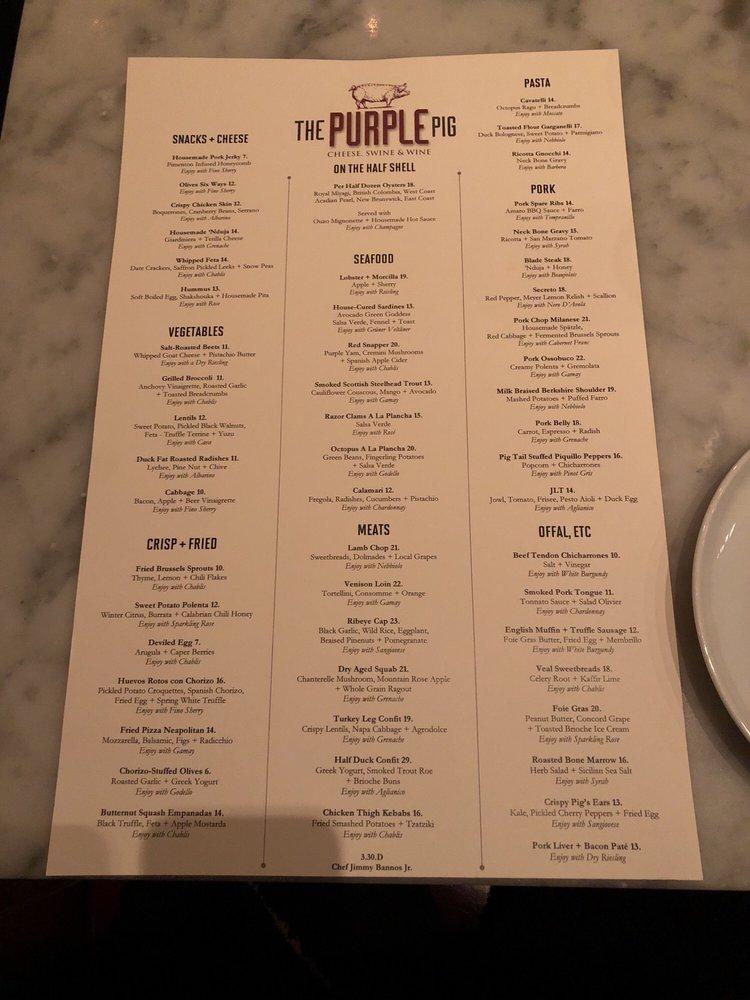 Menu at The Purple Pig Restaurant, Chicago, 444 Michigan Ave