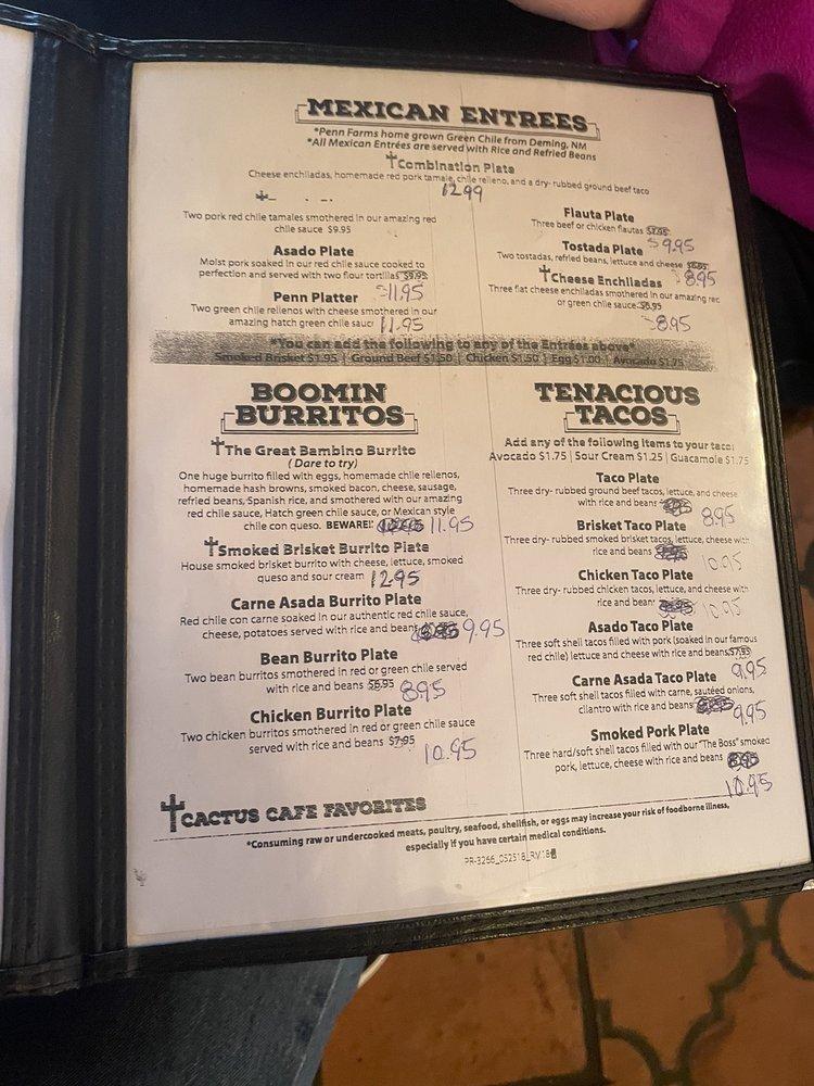 Menu at Cactus Cafe, Deming
