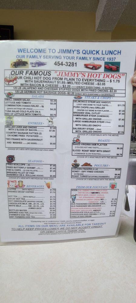 Menu at Jimmy's Quick Lunch restaurant, Hazleton