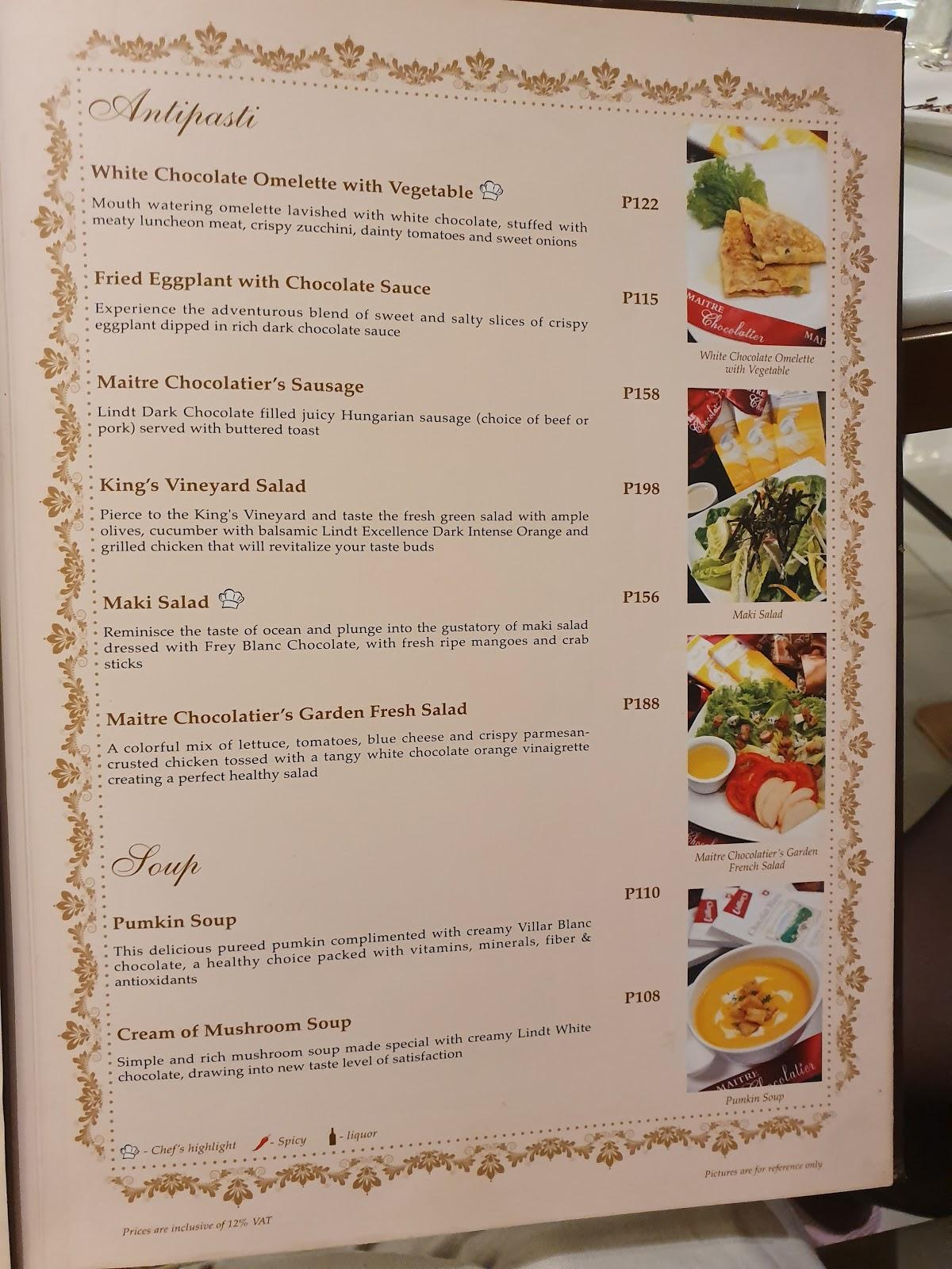 Menu at Maitre Chocolatier cafe, Philippines