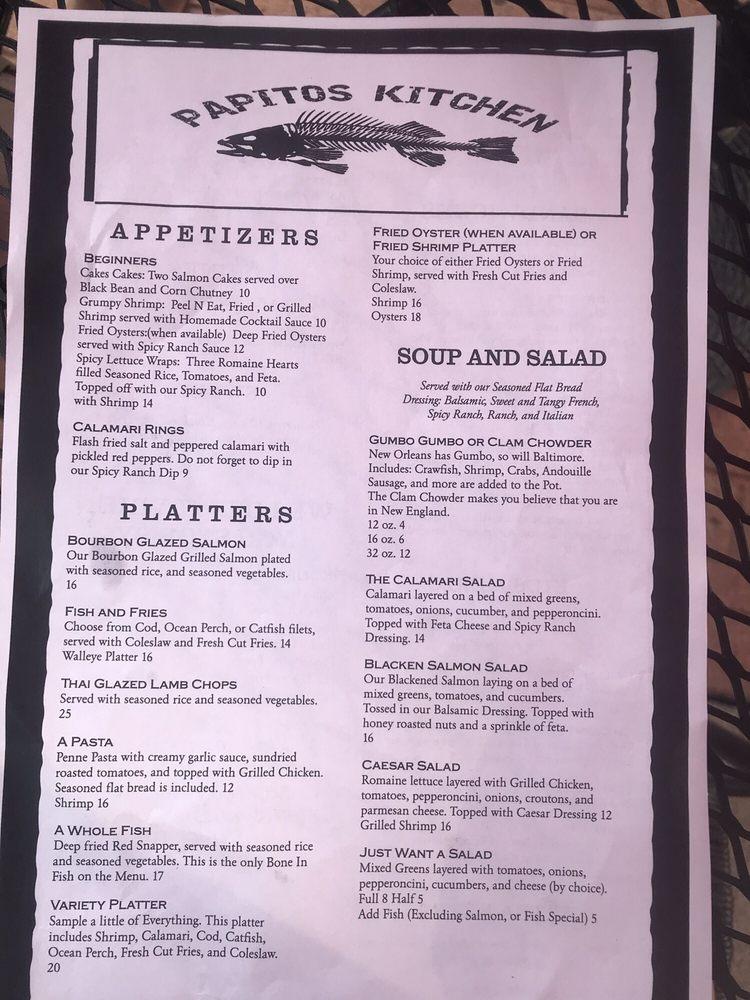 Menu at Papito’s Kitchen restaurant, Baltimore