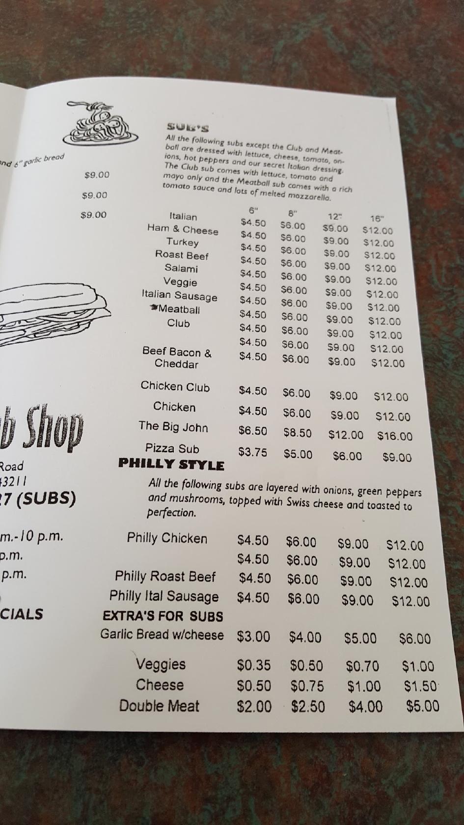 Menu at Susie's Sub Shop pizzeria, Columbus, Karl Rd