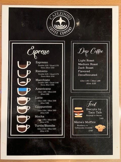Menu at Cafezinho Coffee, Clinton, 819 E Northside Dr
