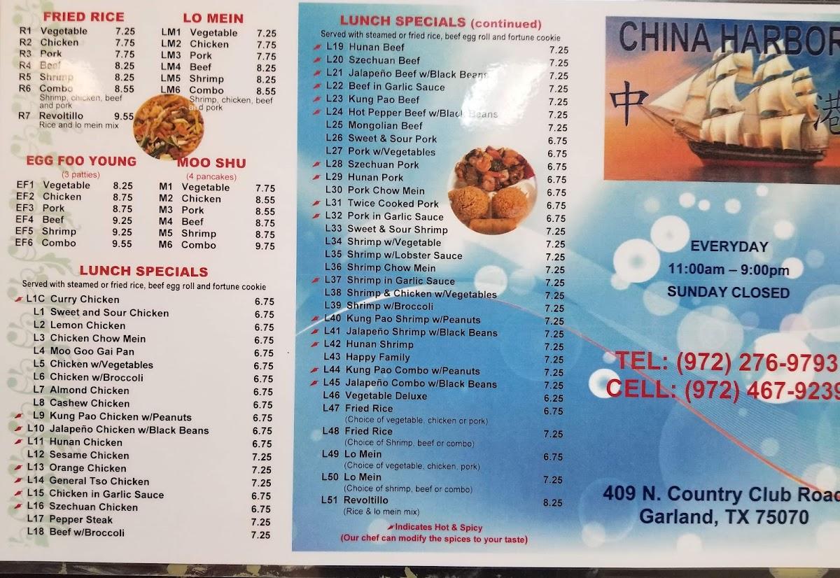 Menu at China Harbor restaurant, Garland