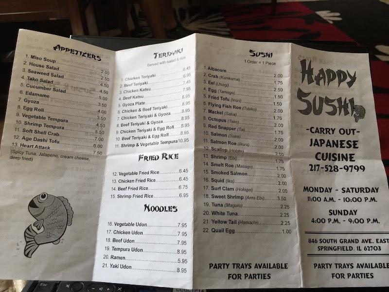 Menu at Happy Sushi restaurant, Springfield
