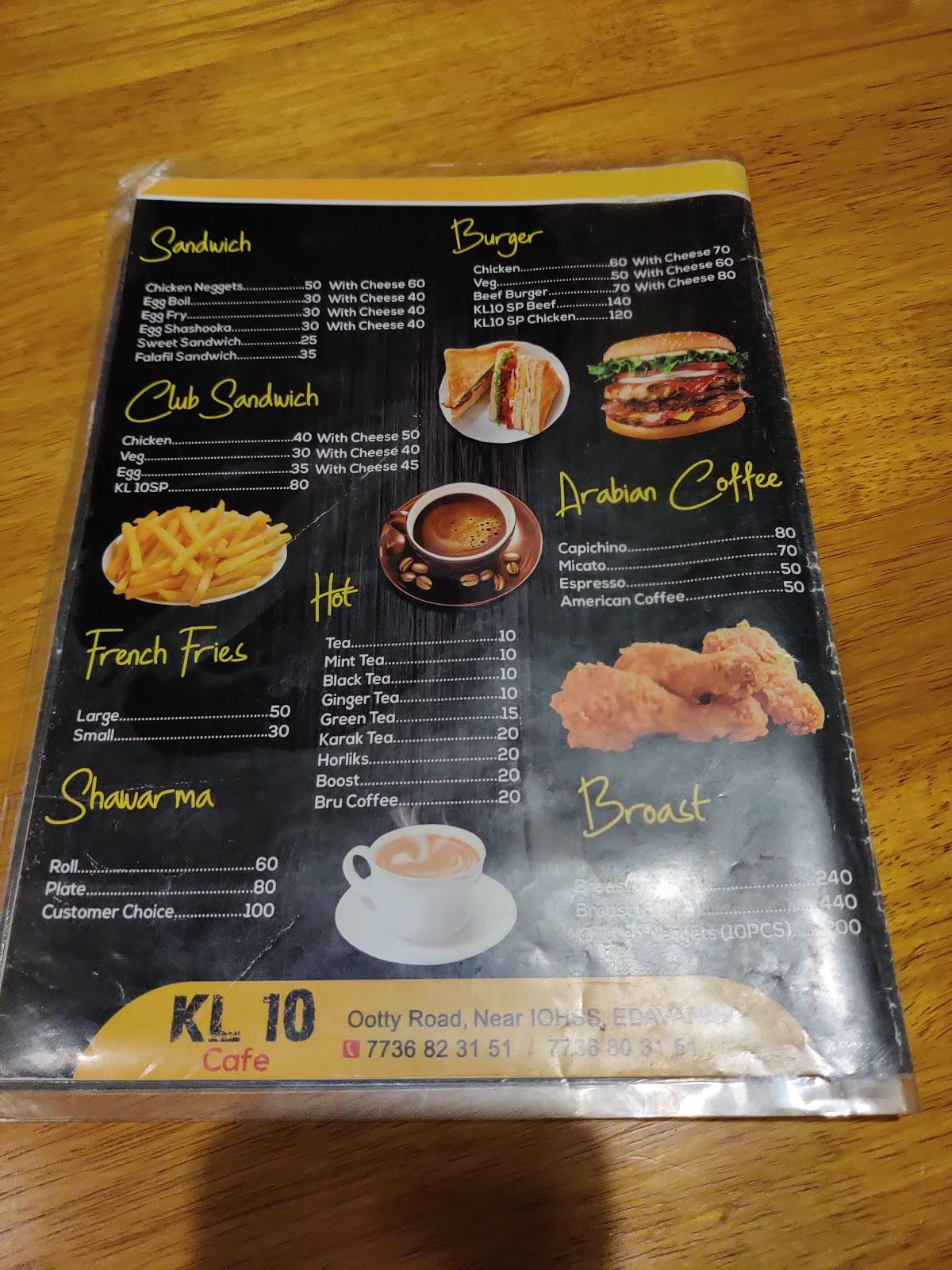 Menu at KL10 CAFE, Edavanna