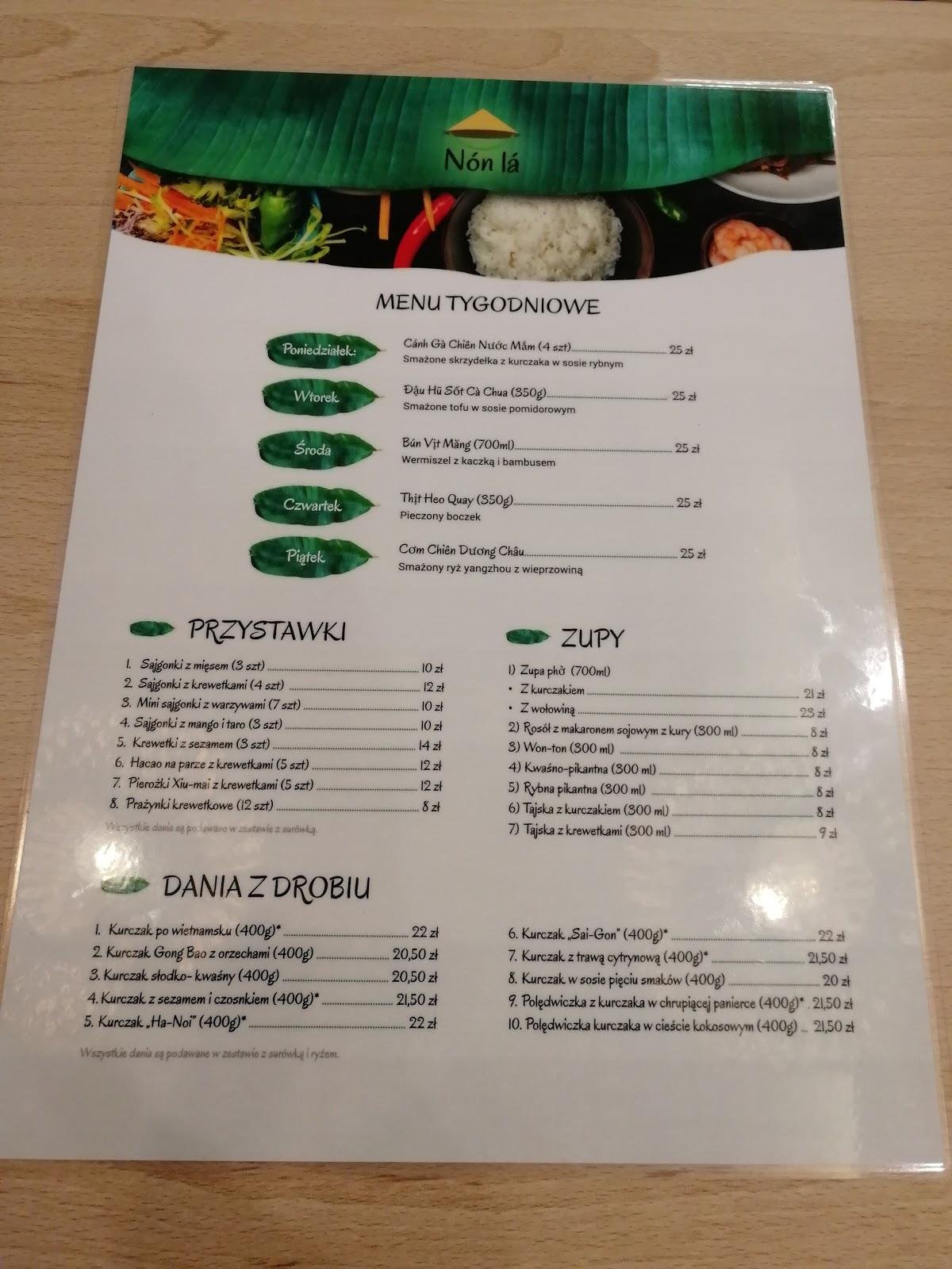 Menu at Nón Lá restaurant, Kraków