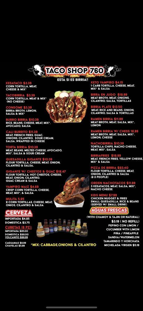 Menu at Taco Shop 760 restaurant, Indio, Calhoun St