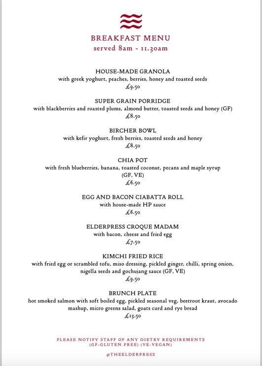 Menu at The Elder Press Cafe, London