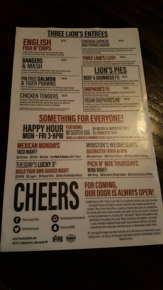 Menu at Three Lions Pub, Shorewood