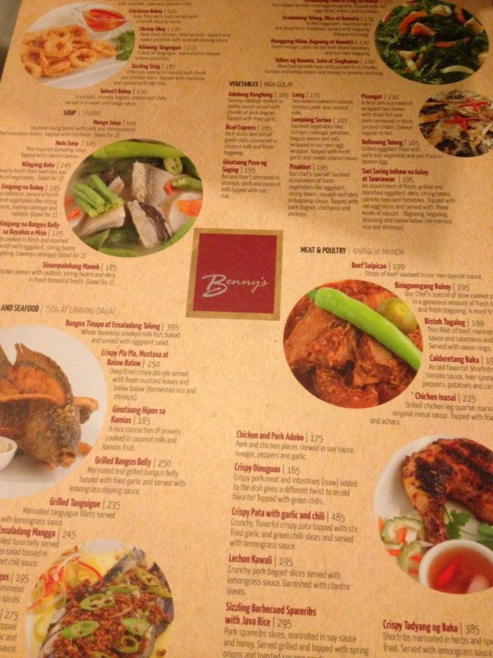 Menu at Benny's Place restaurant, Makati, GF