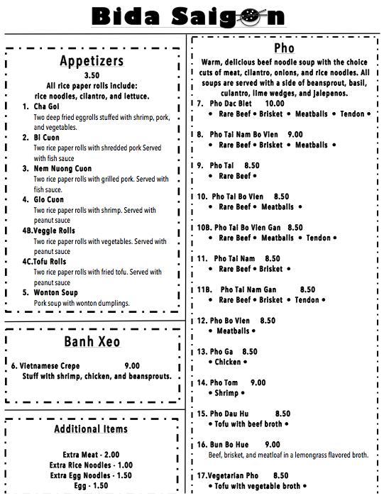 Menu at Bida Saigon restaurant, Knoxville