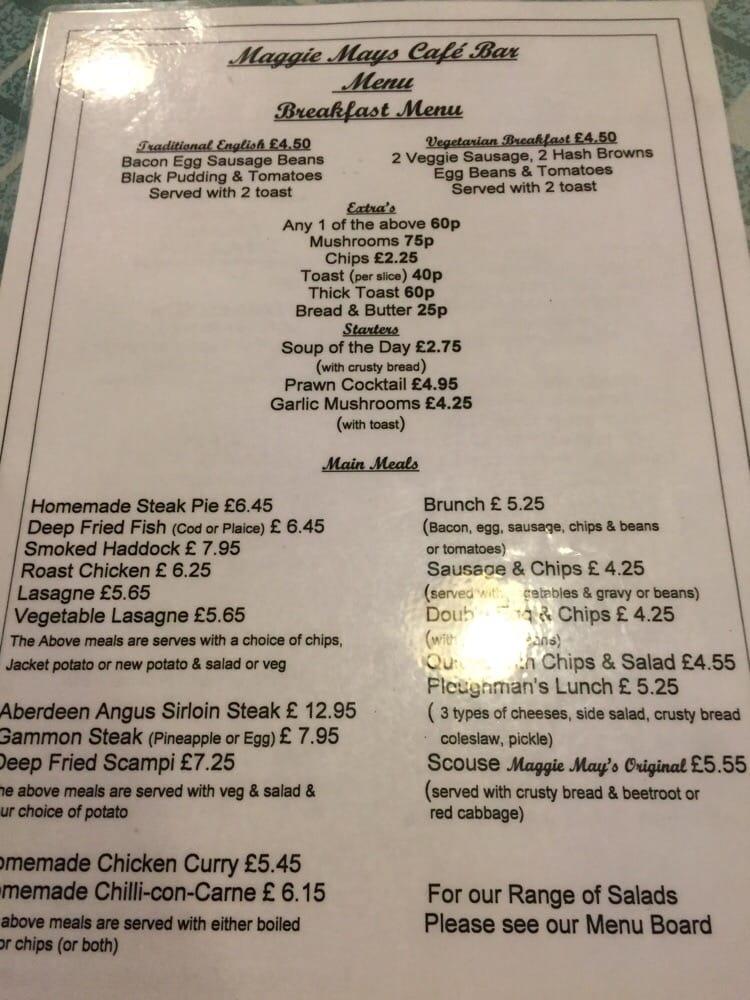 Menu at Maggie Mays restaurant, Liverpool