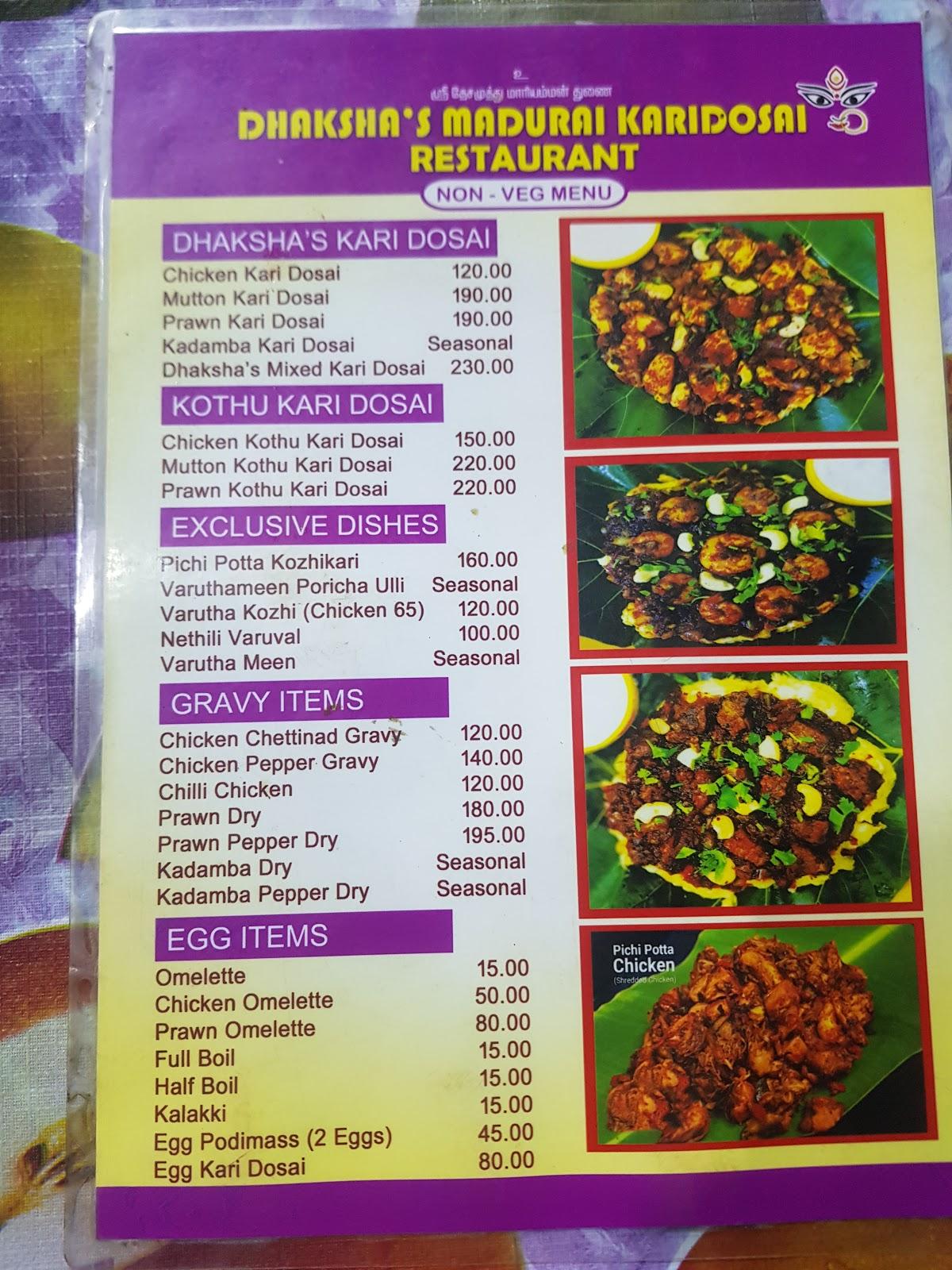 Menu at Dhakshas Madurai Kari Dosai Restaurant, Chennai