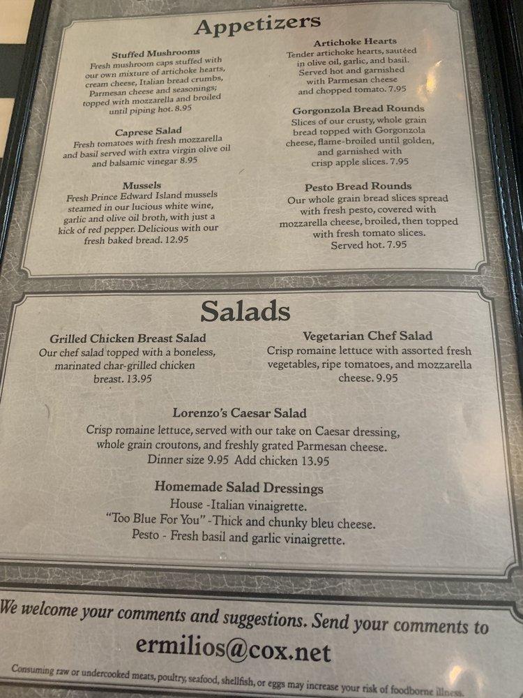 Menu at Ermilio's Italian Home Cooking restaurant, Eureka Springs