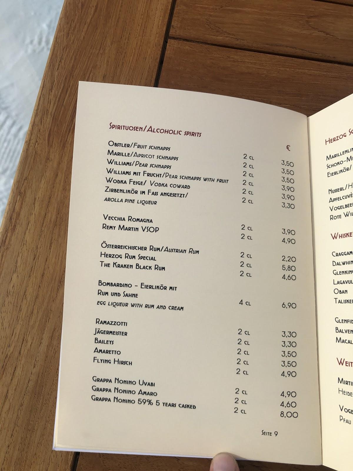 Menu at Franzl restaurant, Piesendorf