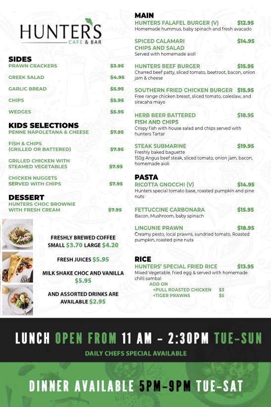 Menu at Hunter's Cafe & Bar, Malvern East