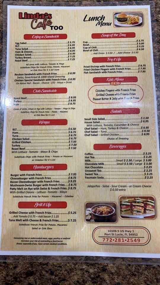 Menu at Linda's Cafe, Port St. Lucie