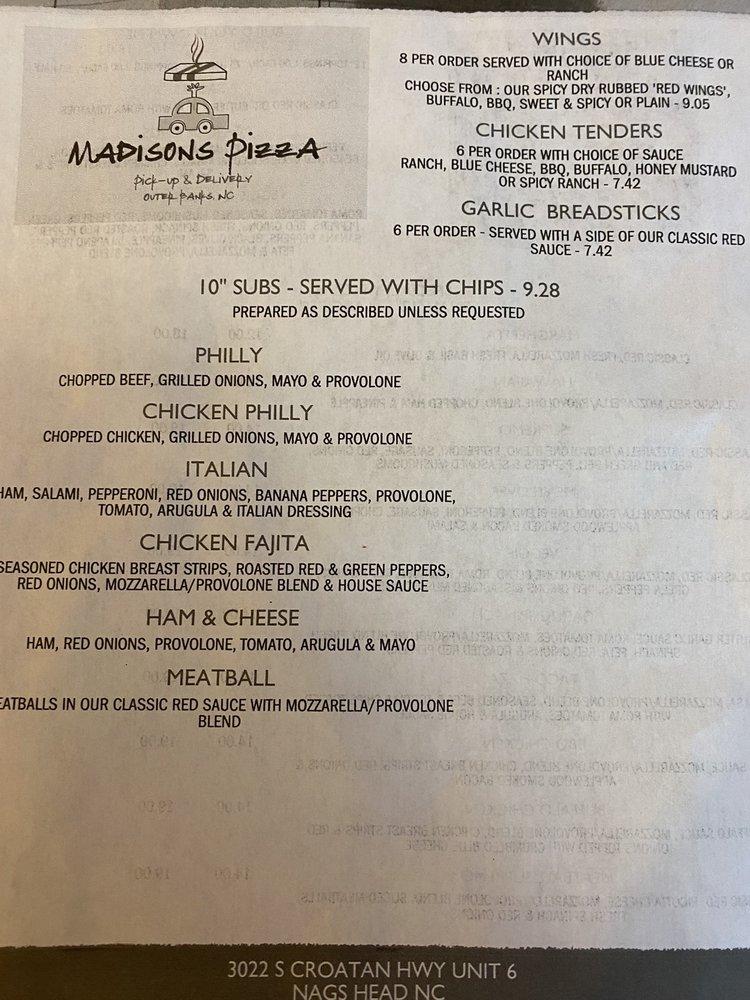 Menu at MADISONS PIZZA pizzeria, Nags Head