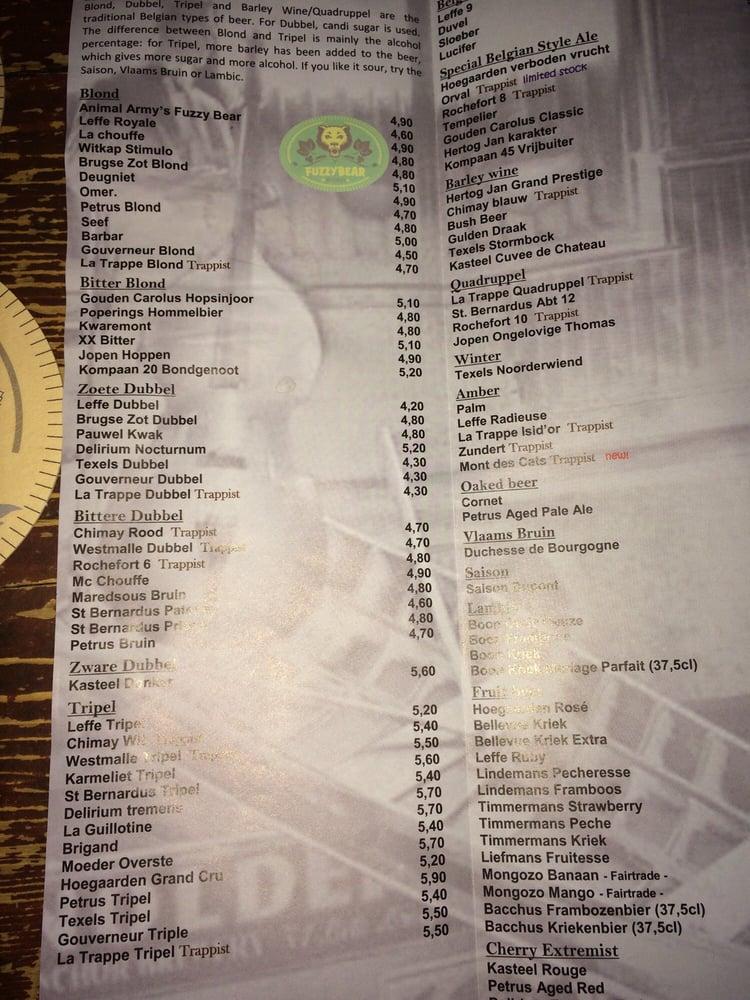 Menu at The Fiddler, The Hague