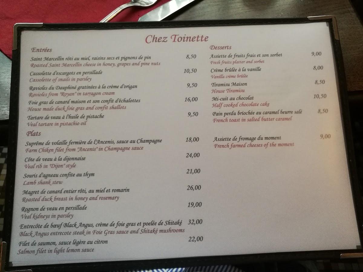 Menu au Chez Toinette restaurant, Paris