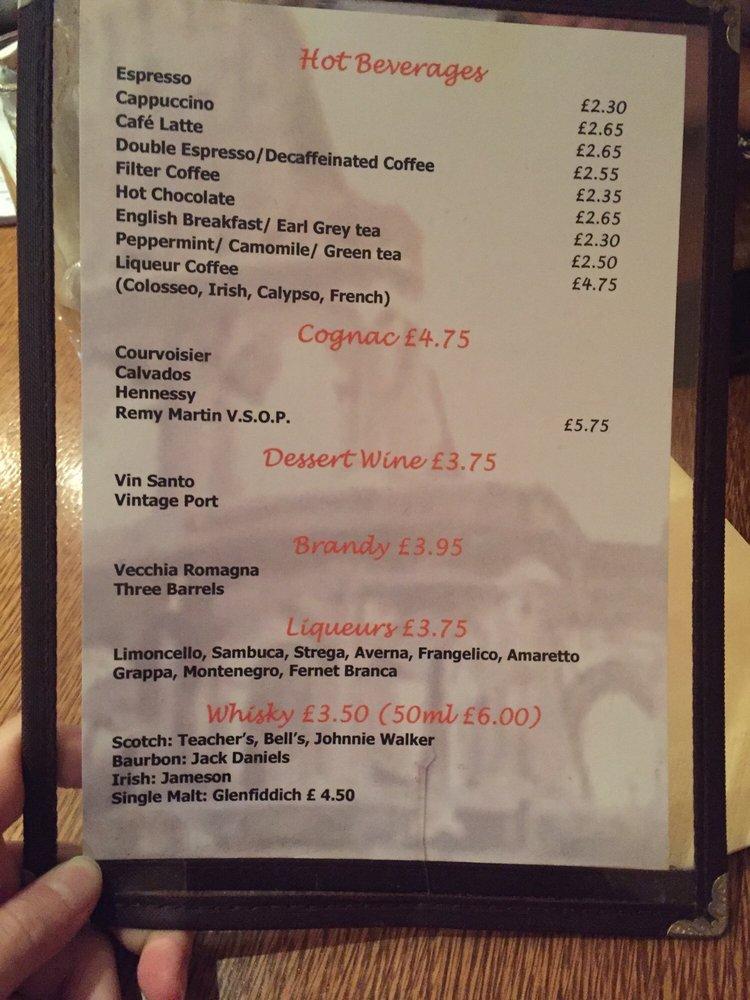 Menu at Colosseo Restaurant, London