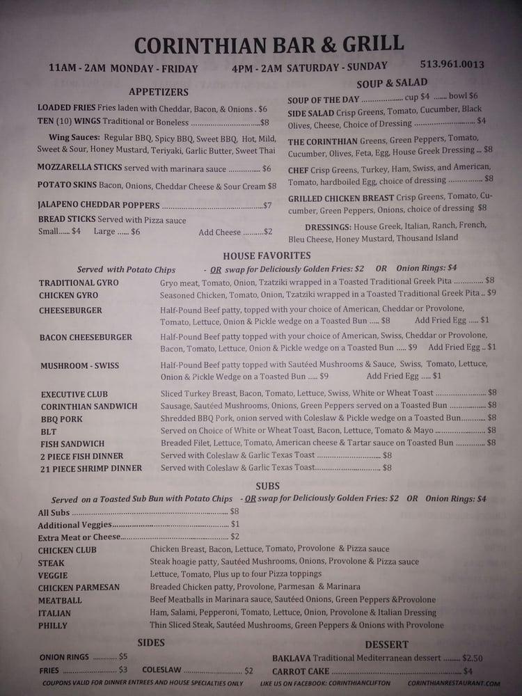 Menu at Corinthian Restaurant, Cincinnati, Jefferson Ave