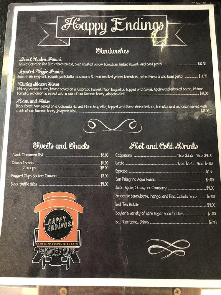 Menu at Happy Endings Caboose Cafe, Cañon City