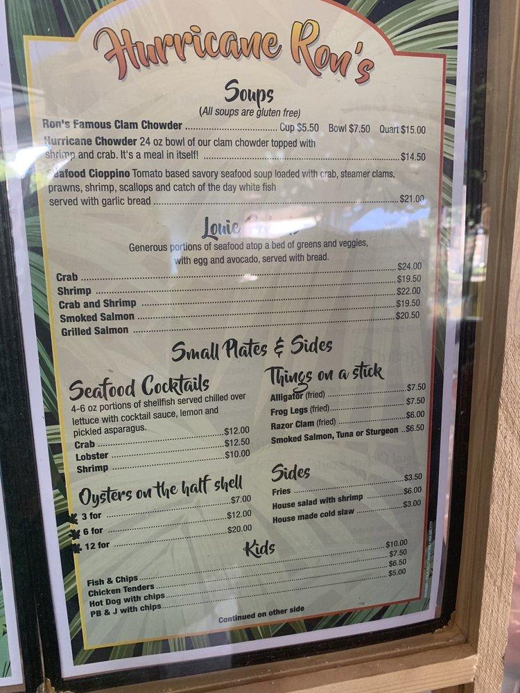 Menu at Hurricane Ron's restaurant, Astoria