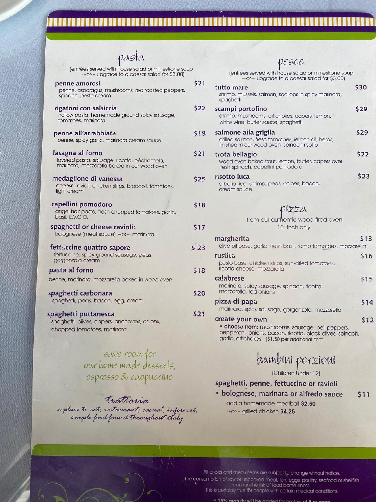 Menu at Trattoria Pina restaurant, Tucson, N Swan Rd