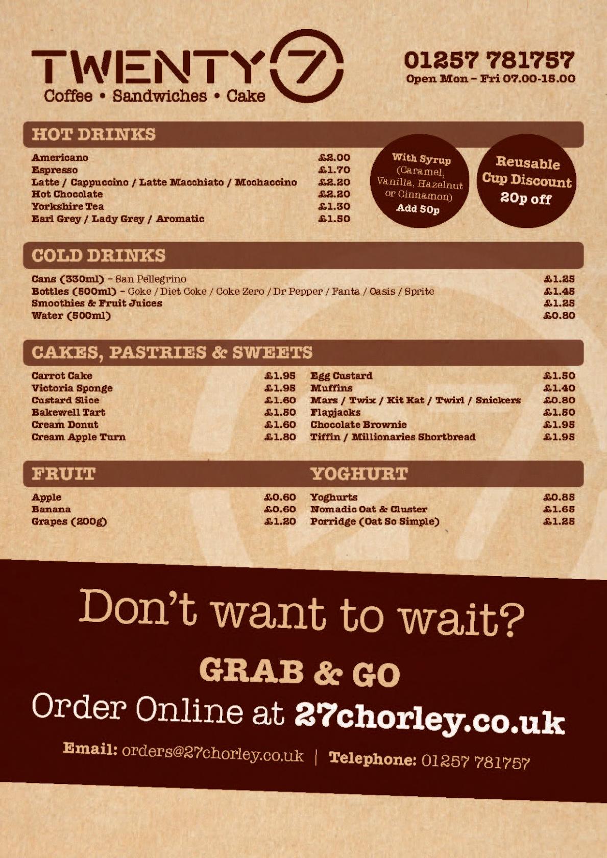 Menu at Twenty Seven, Chorley