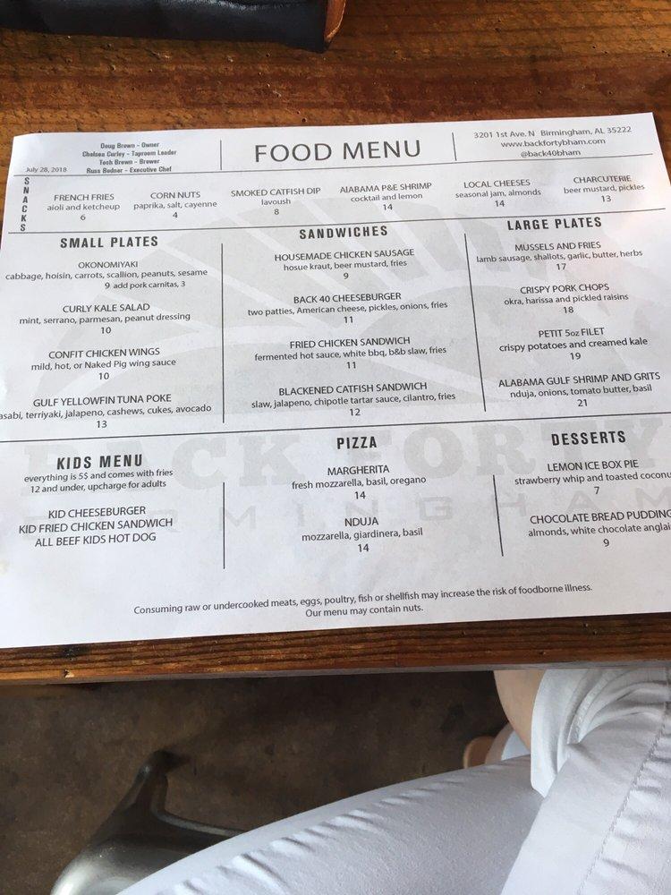 Menu at Back Forty Beer Company Birmingham, Birmingham