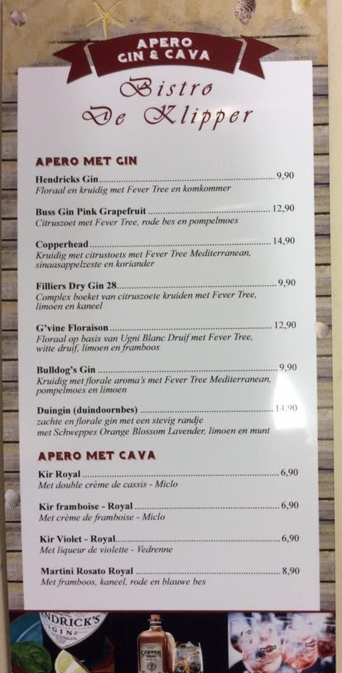 Menu at Bistro De Klipper, Koksijde, Zeedijk 462