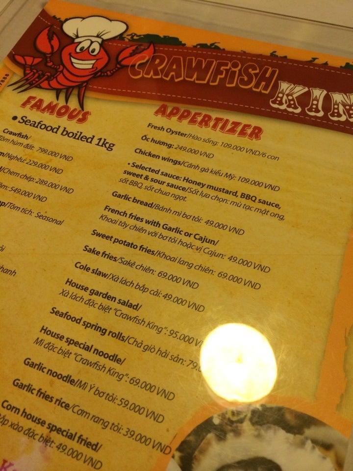 Menu at Crawfish King restaurant, Ho Chi Minh City
