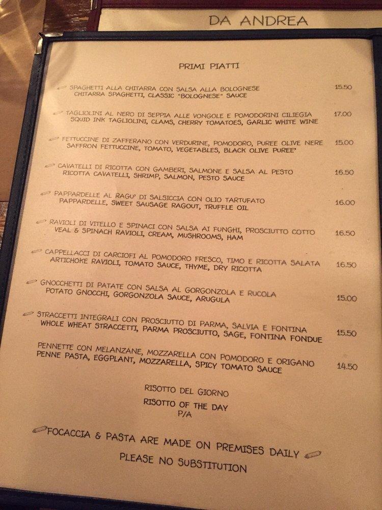 Menu at Da Andrea restaurant, New York City