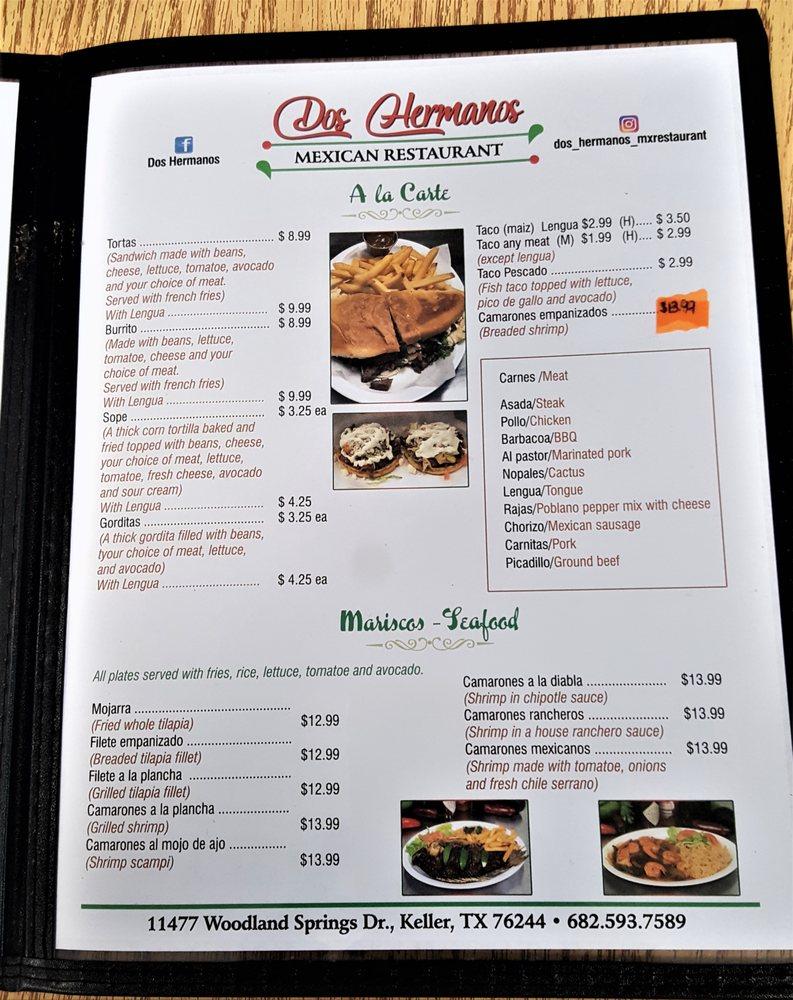 Menu at Dos Hermanos restaurant, Keller, Woodland Springs Dr #135