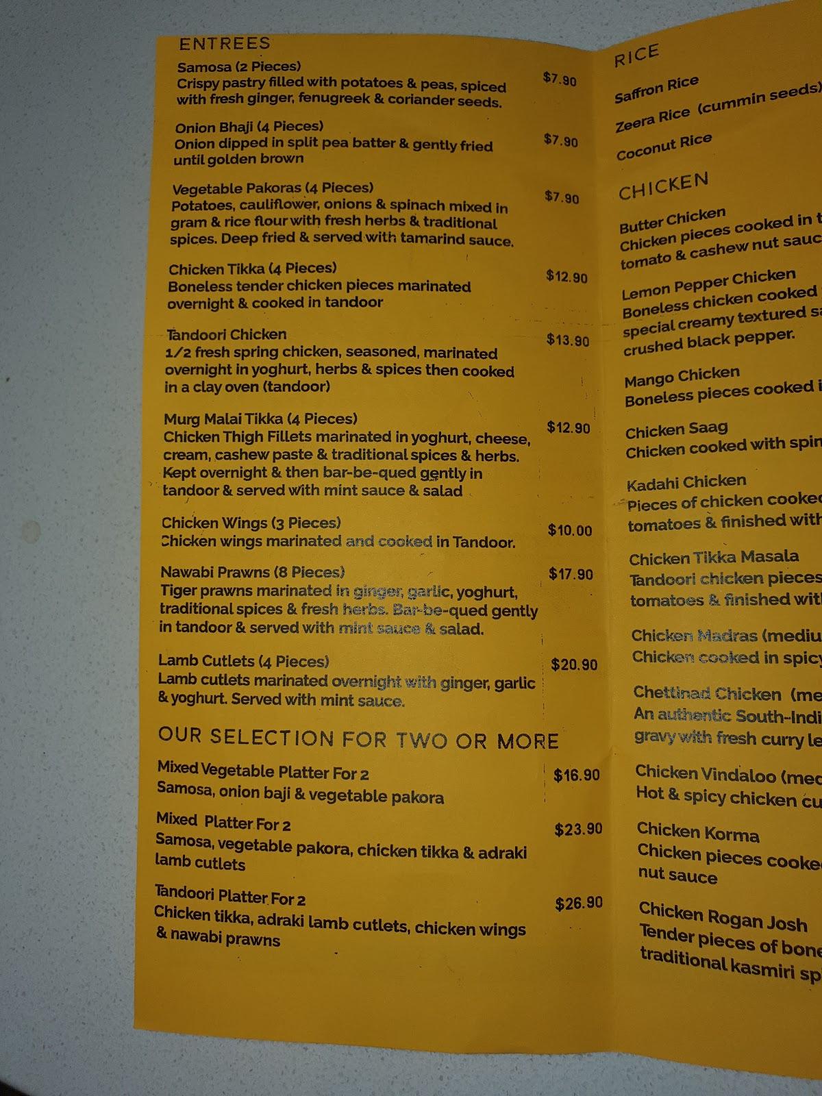 Menu at Gunnedah Indian Restaurant, Gunnedah