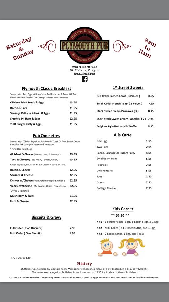 Menu at Plymouth Pub, Saint Helens
