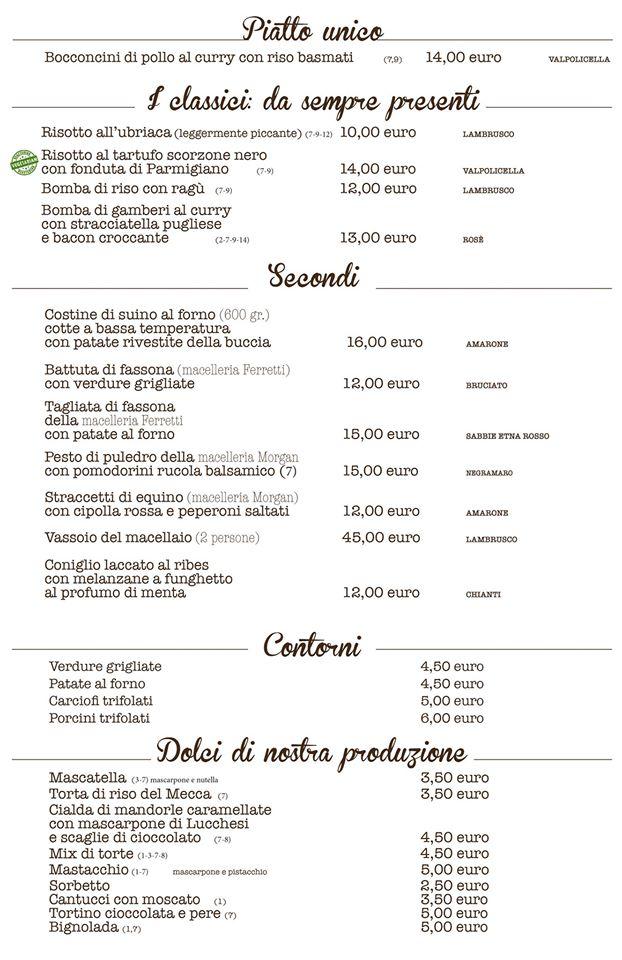 Menu au Risotteria dai C'andema PARMA restaurant, Parme