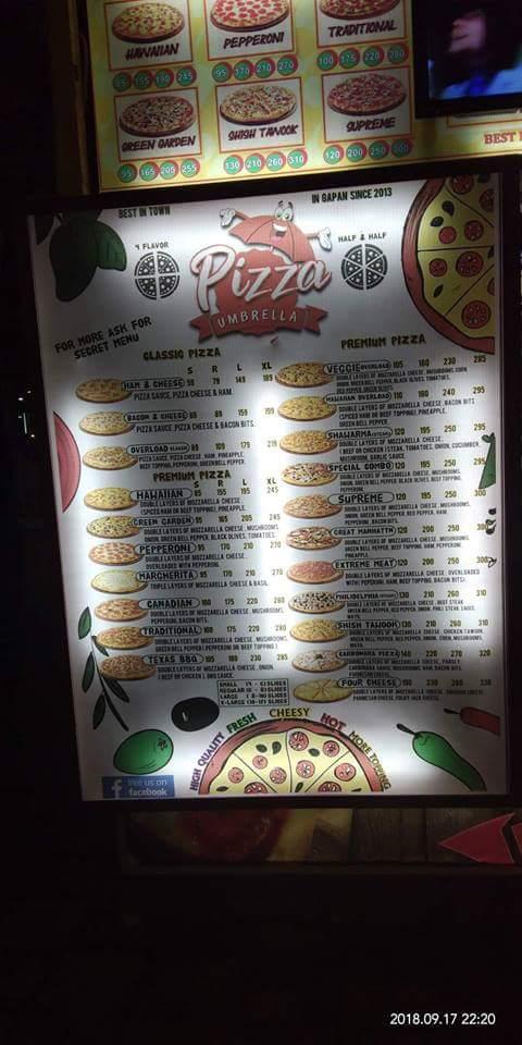 Menu at Umbrella Pizza restaurant, Gapan City, Bonifacio St