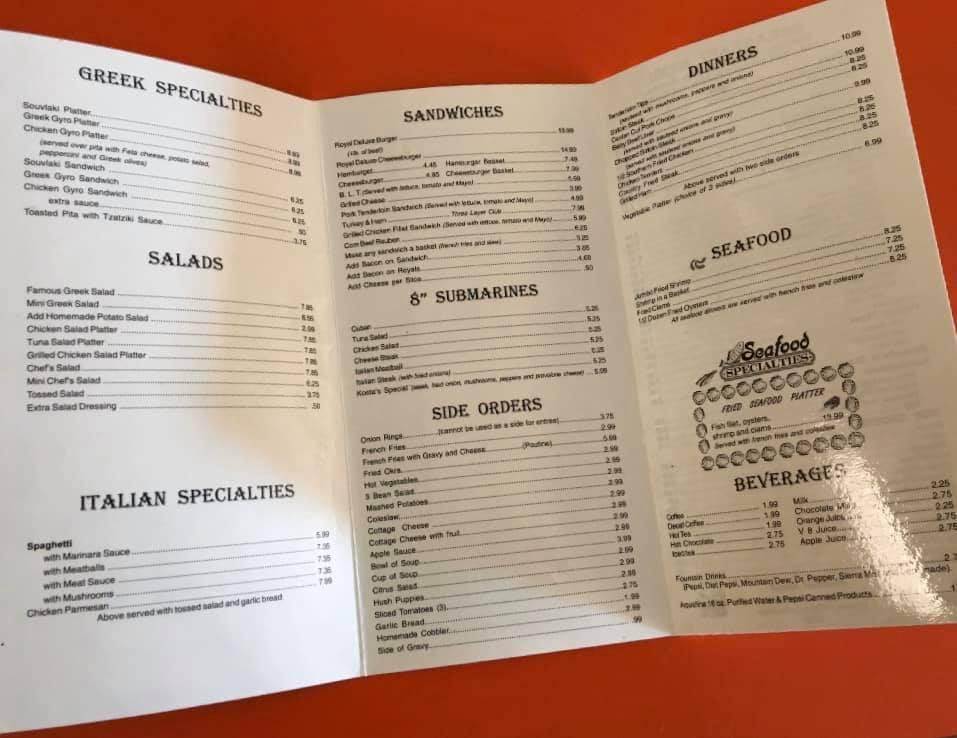 Menu at Athenian Restaurant, Lakeland