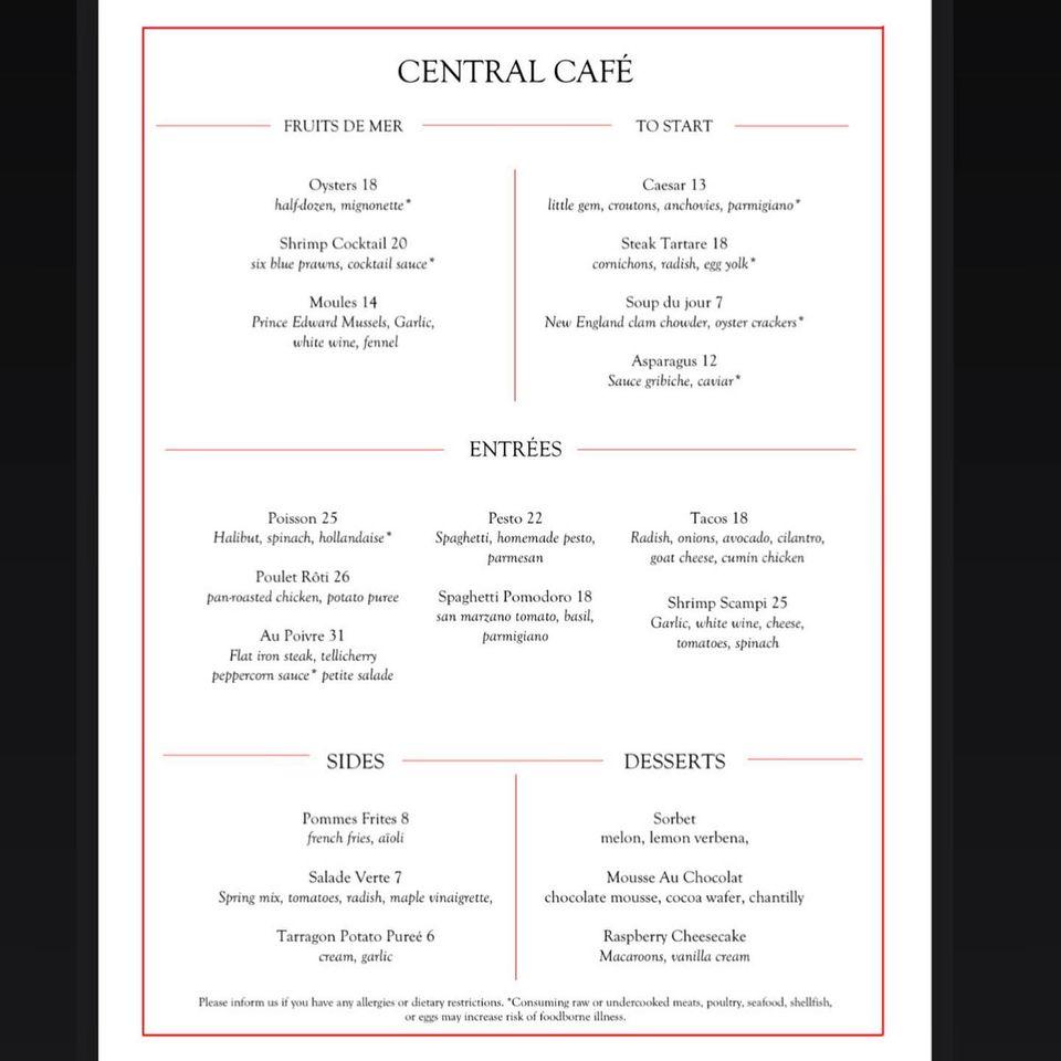 Menu at Central Cafe, Saint Johnsbury