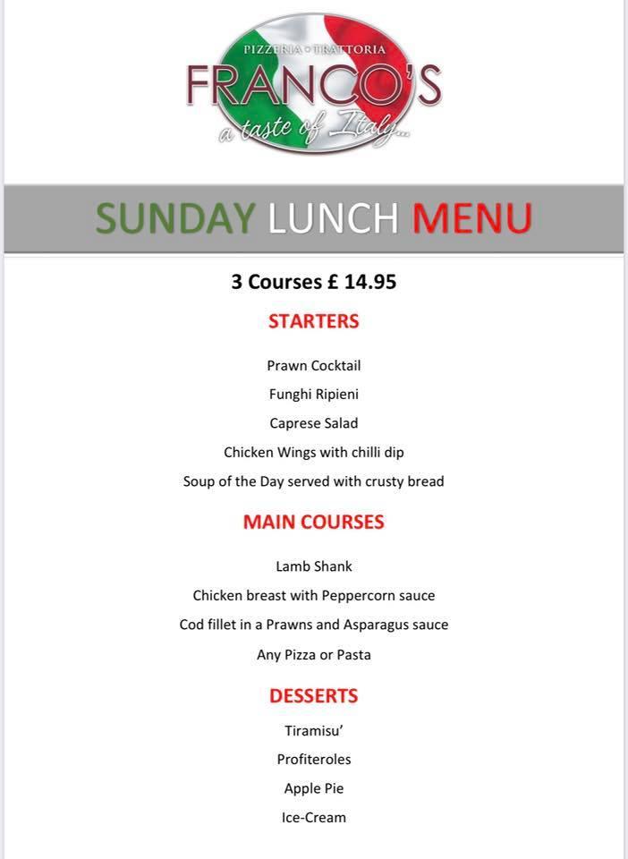 Menu at Francos Restaurant, Longridge