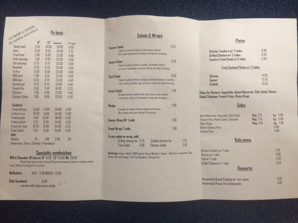 Menu at Koz's Harahan restaurant, Harahan, Wilson St