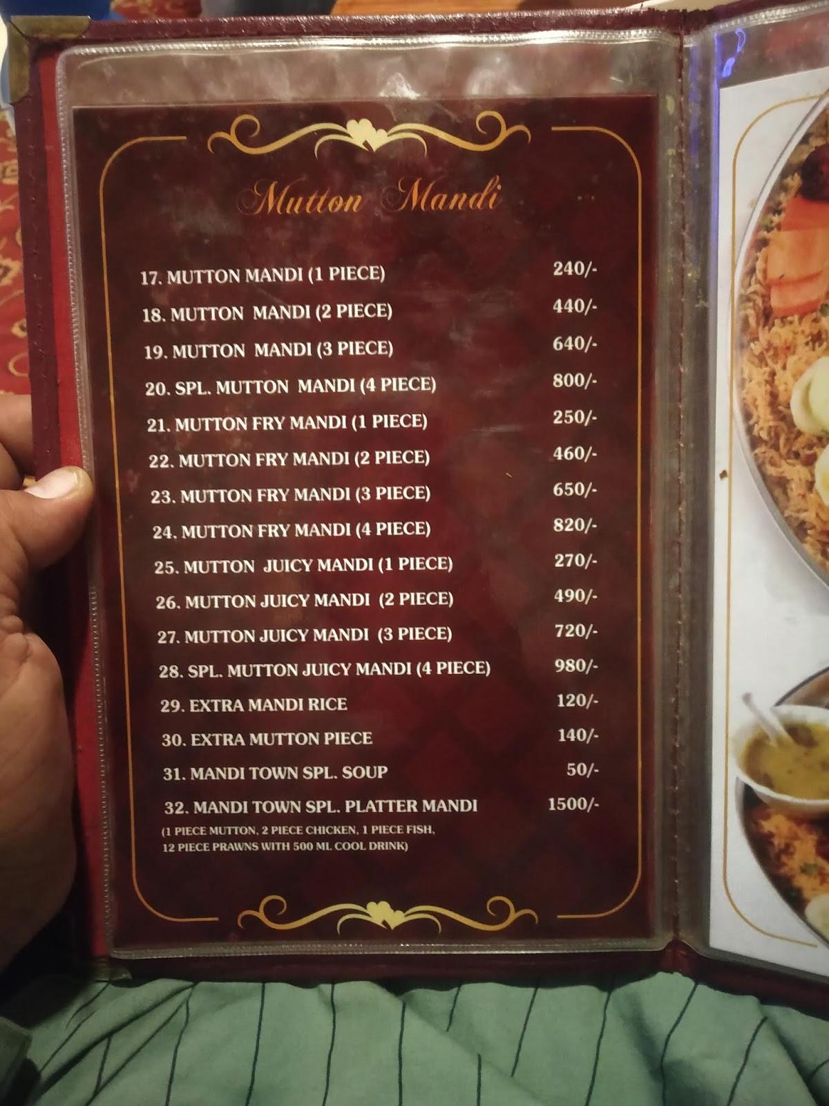Menu at Mandi Town, Hyderabad, Gudi Malkapur Rd
