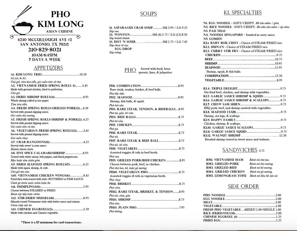 Menu at Pho Kim Long restaurant, San Antonio, McCullough Ave #2