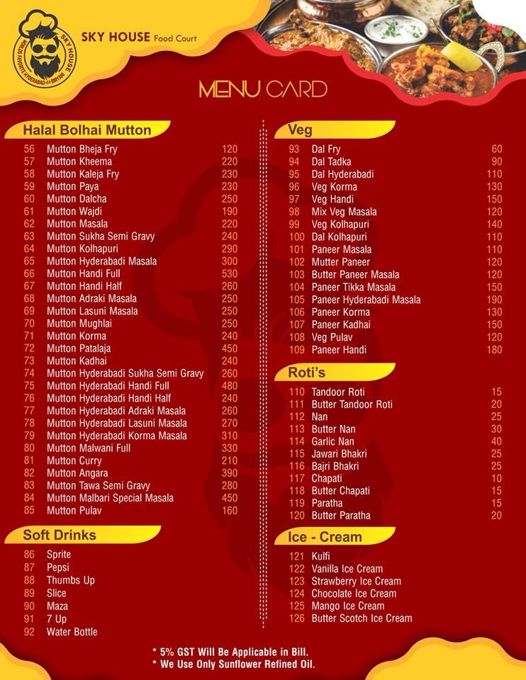 Menu at SKY HOUSE food court, Pune, Shop No.8