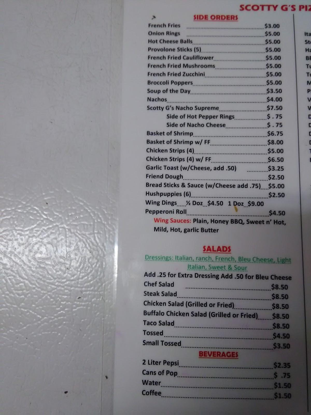 Menu at Scotty G's Pizzeria, Latrobe