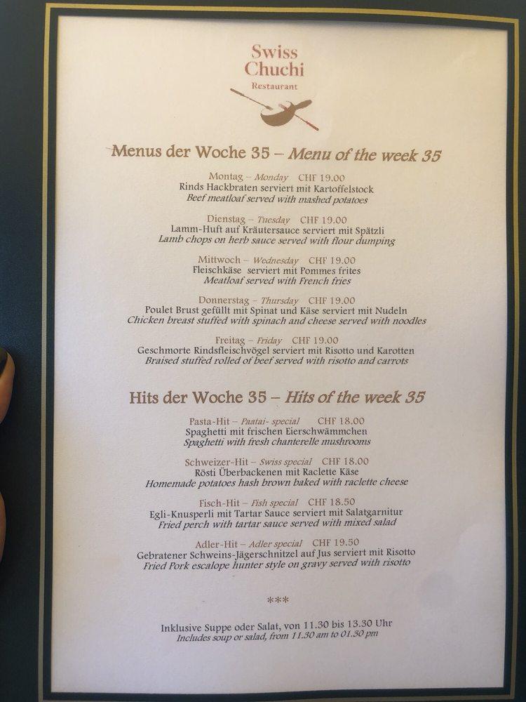 Menu at Swiss Chuchi Restaurant, Zürich