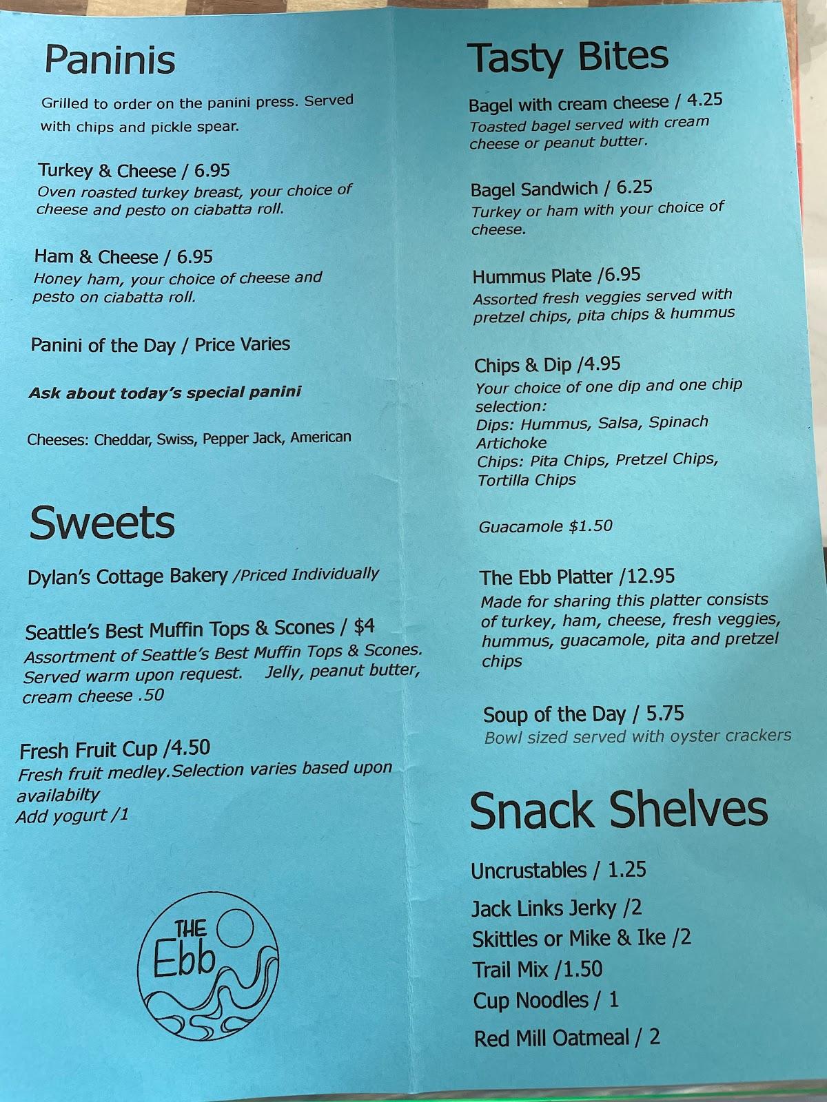 Menu at Ebb Tide Coffeehouse cafe, Ilwaco
